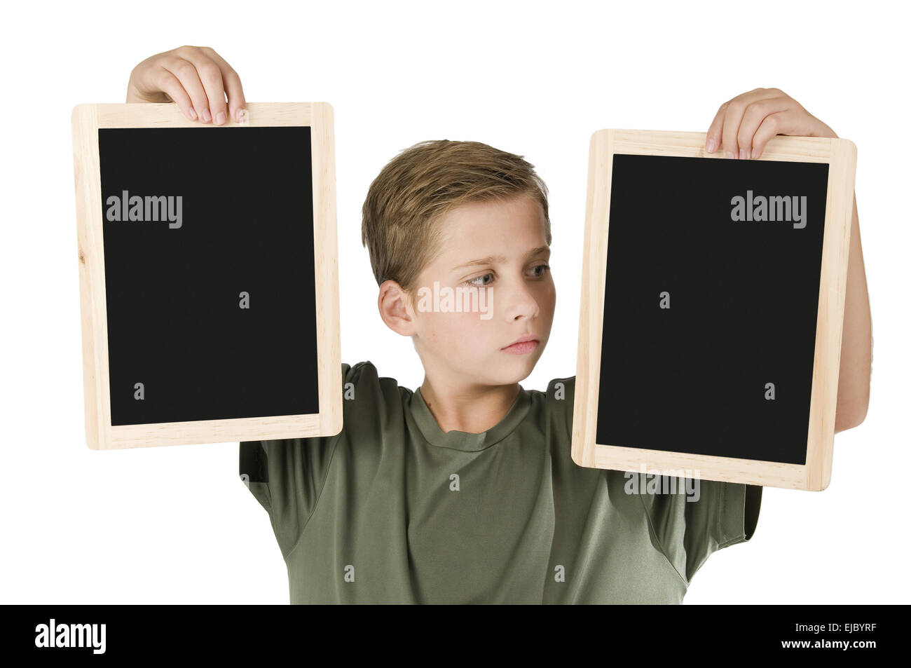Boy between two black boards right Stock Photo - Alamy