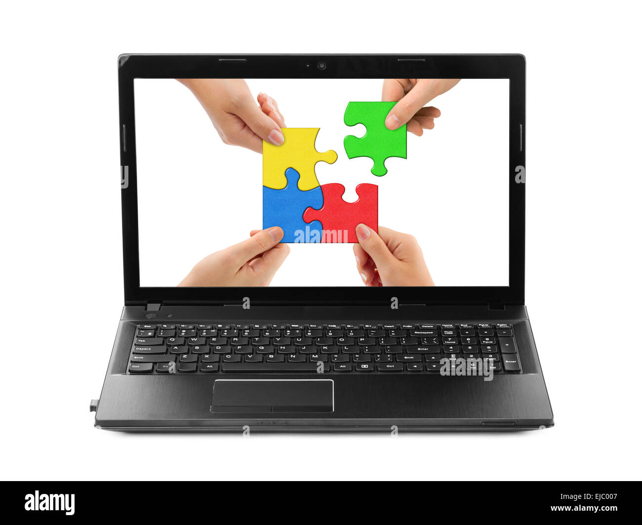 Hands and puzzle in computer notebook Stock Photo - Alamy