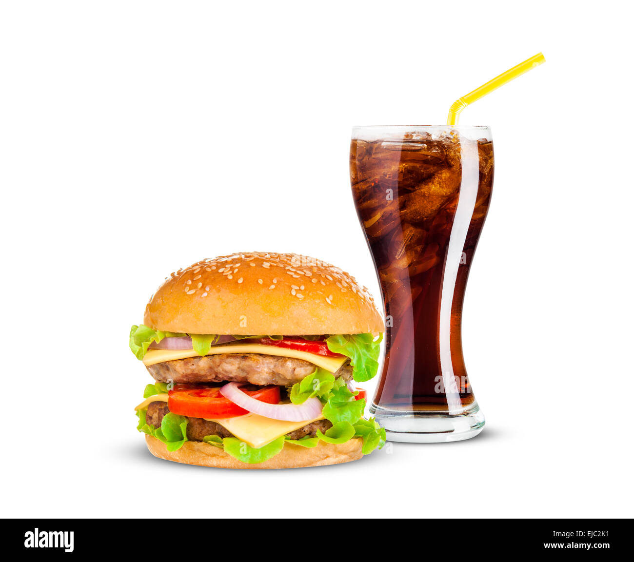 Cola and Big hamburger on white background Stock Photo - Alamy