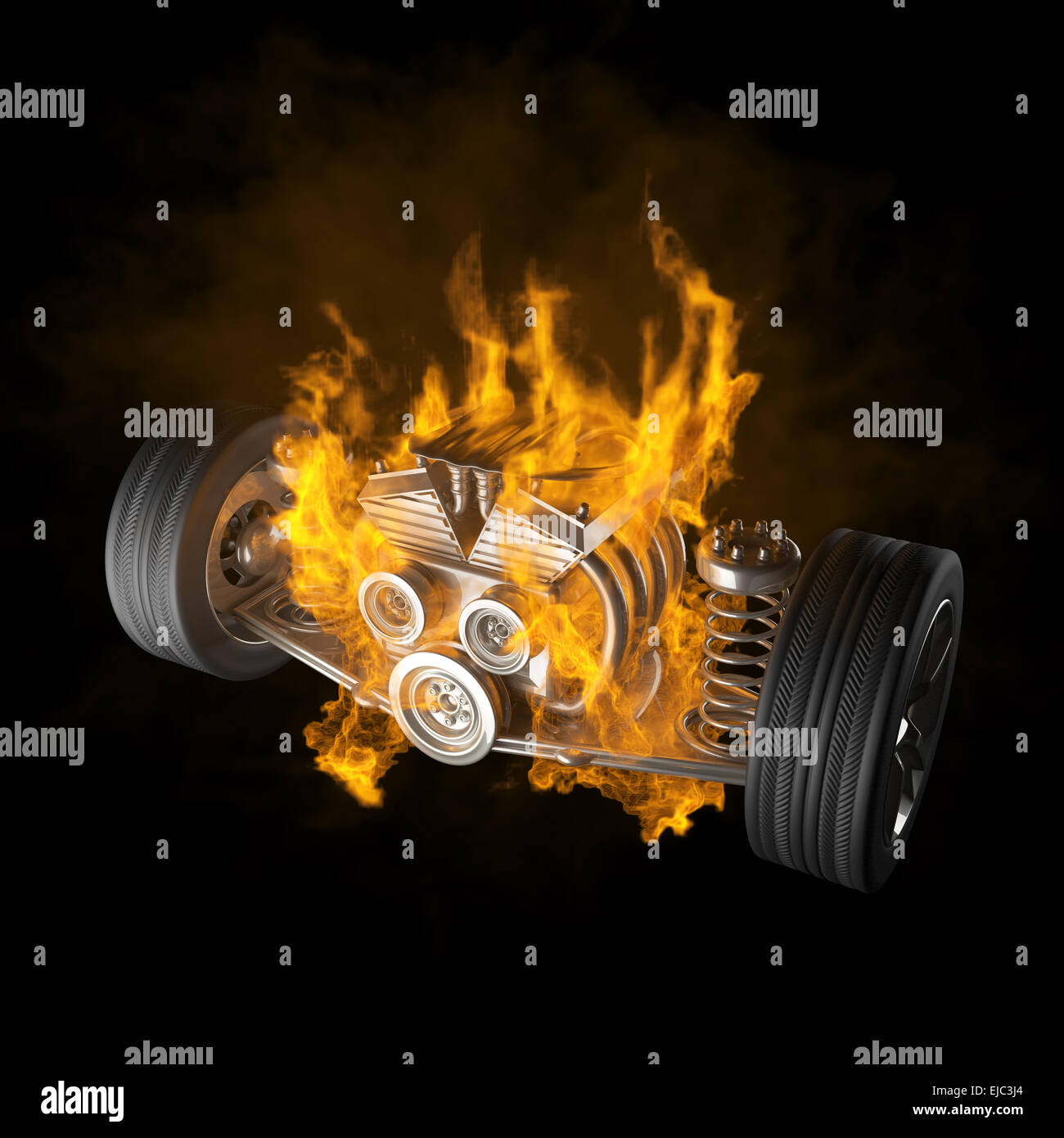 burning car chassis with engine and wheels Stock Photo - Alamy