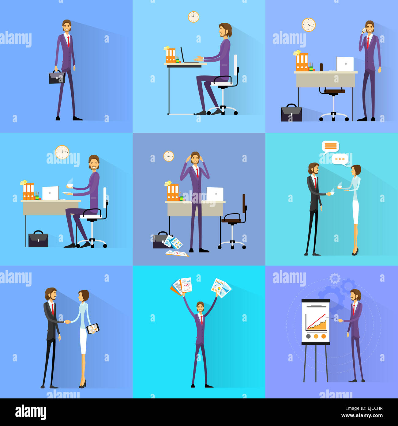 Business man working set office desk flat design Stock Photo - Alamy