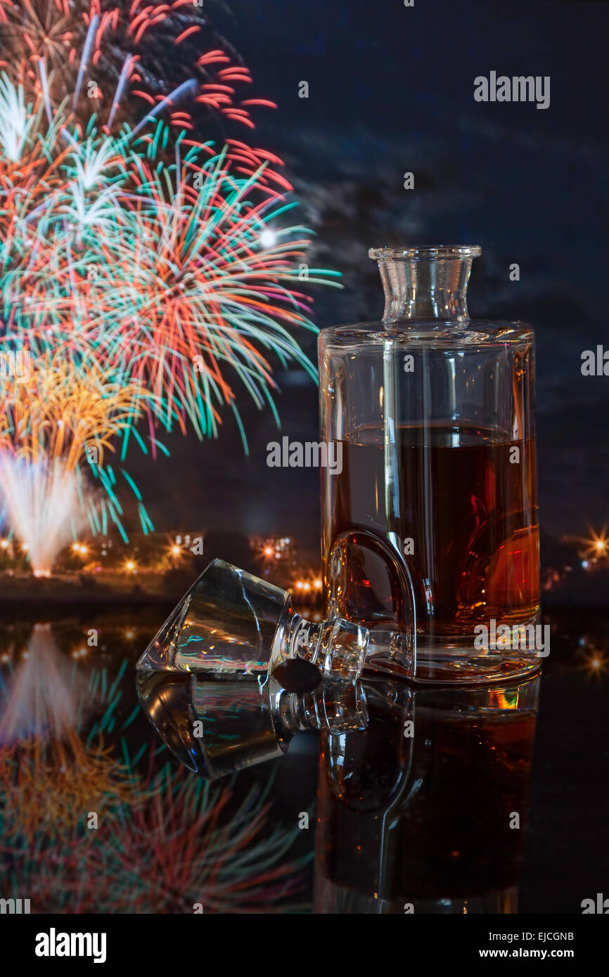 whiskey bottle on a background of fireworks Stock Photo - Alamy