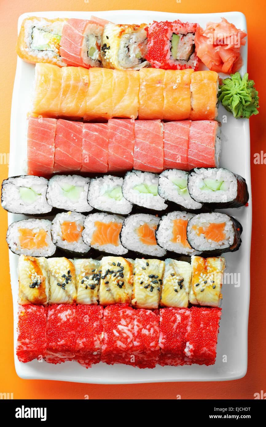 Various sushi rolls above view Stock Photo - Alamy