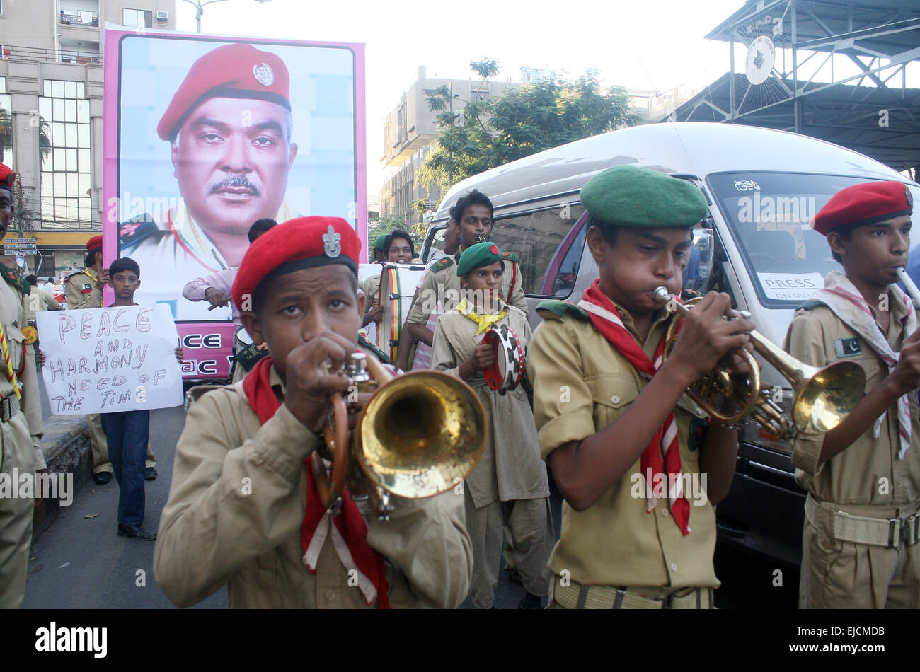 Scouts play musical instruments during a rally arranged by Sindh Boy ...