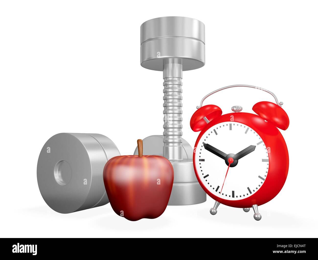 Dumbbell Apple and Alarm Clock Stock Photo - Alamy