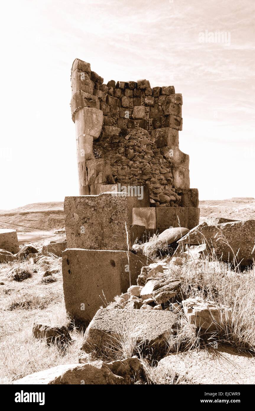 Death cult grave tower Sillustani Peru sepia Stock Photo - Alamy