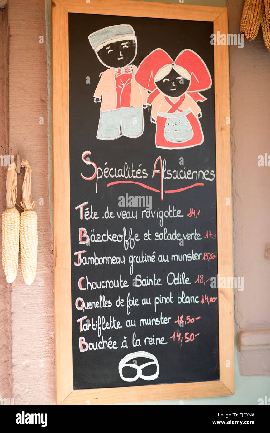 Menu board at outdoor cafe, Alsace, France Stock Photo - Alamy