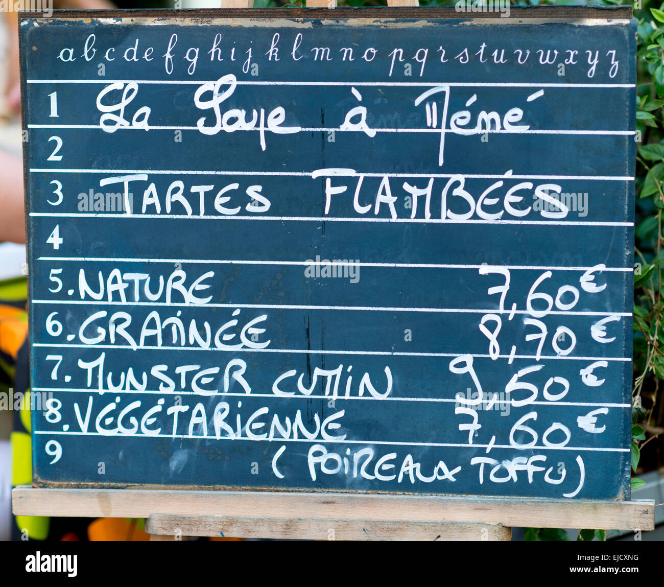 Menu board at outdoor cafe, Alsace, France Stock Photo - Alamy