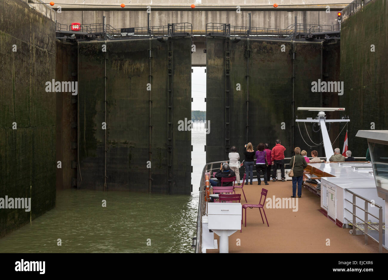 Cruise boat in lock on River Danube Stock Photo - Alamy