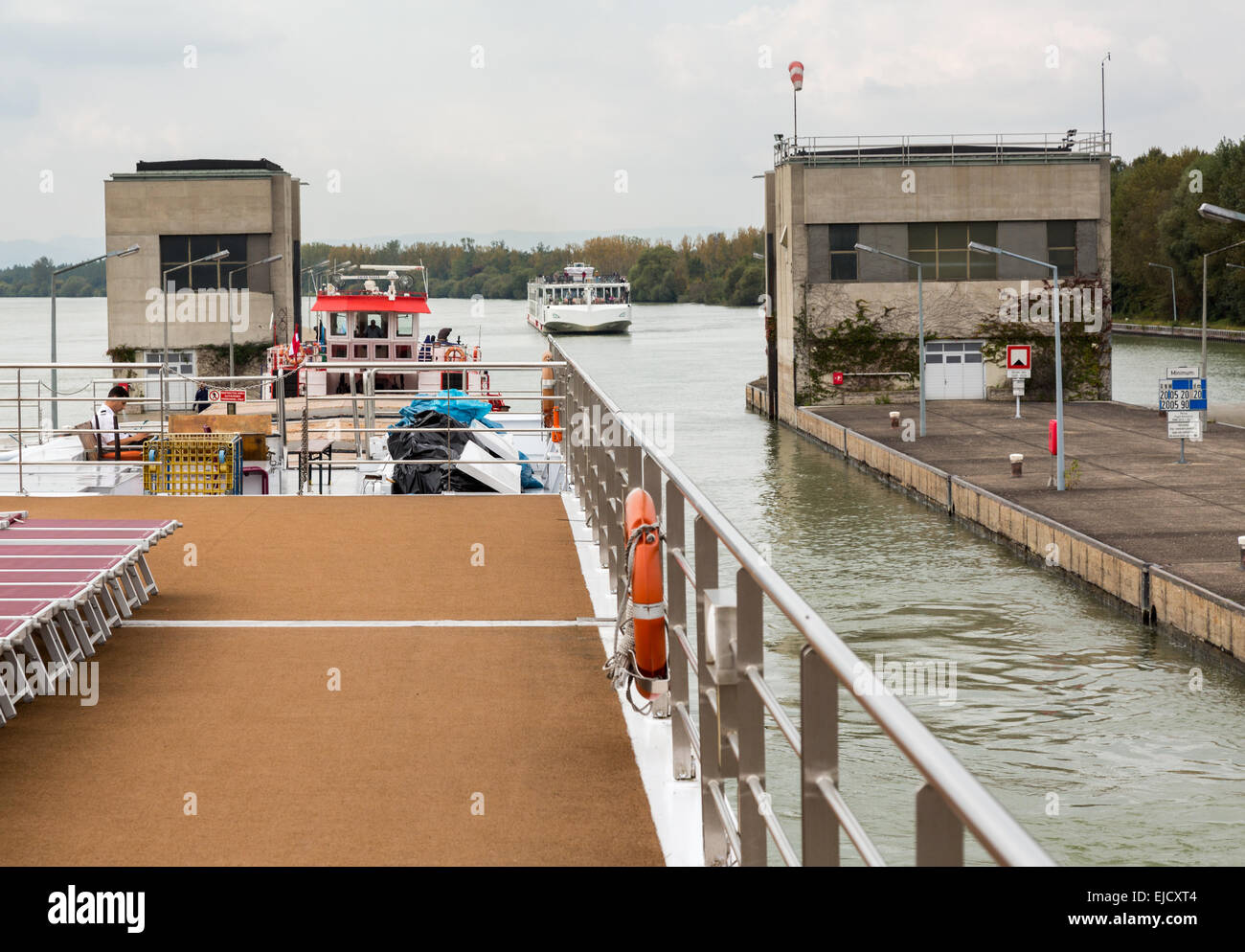 Cruise boat in lock on River Danube Stock Photo - Alamy