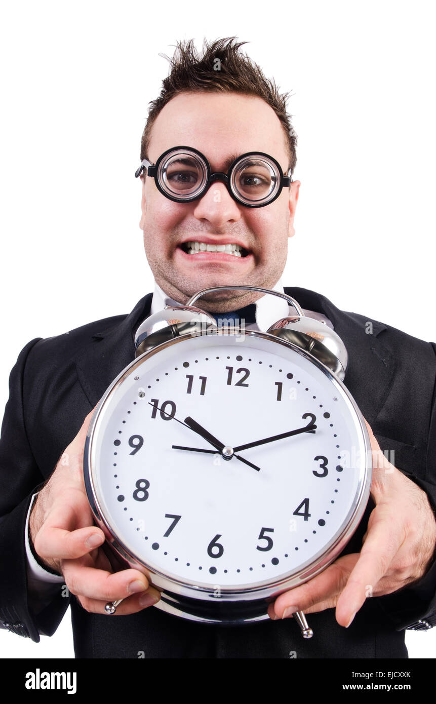 Man with alarm clock isolated on white Stock Photo - Alamy