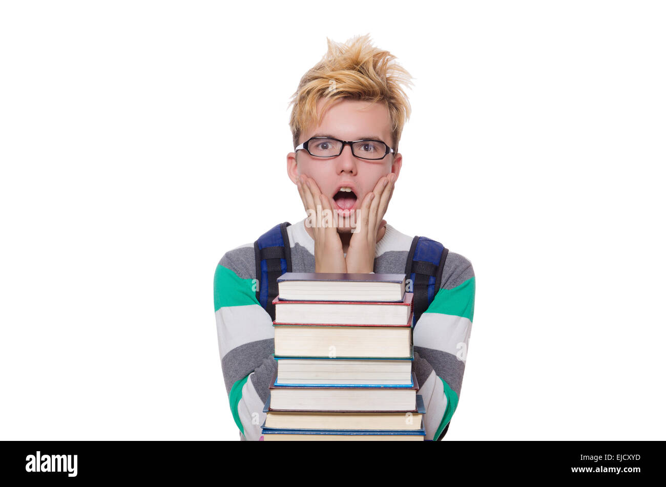 Funny student with stack of books Stock Photo - Alamy