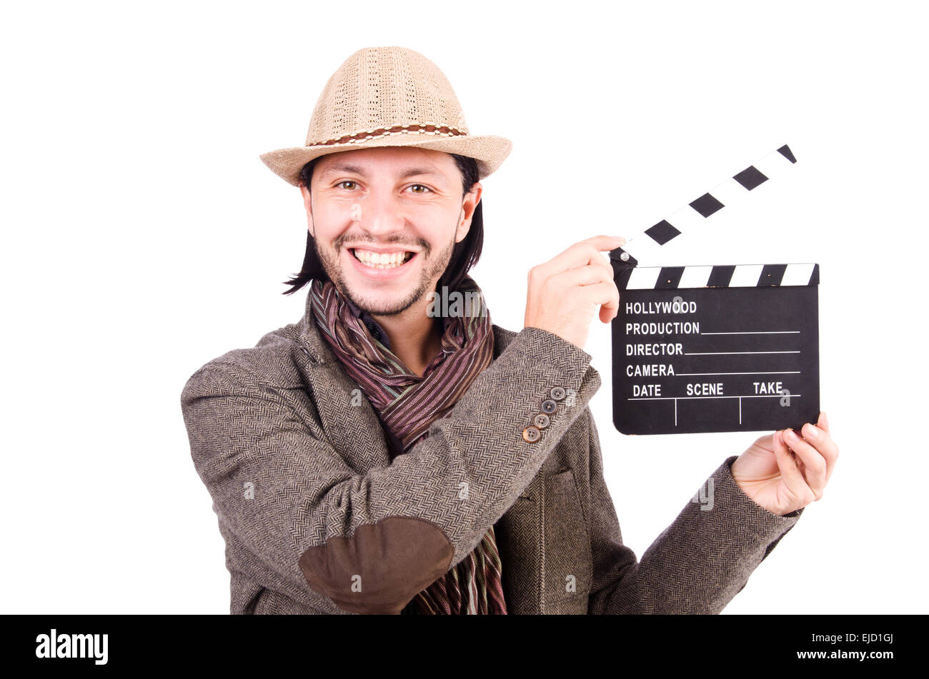 Man with movie clapperboard and hat Stock Photo - Alamy