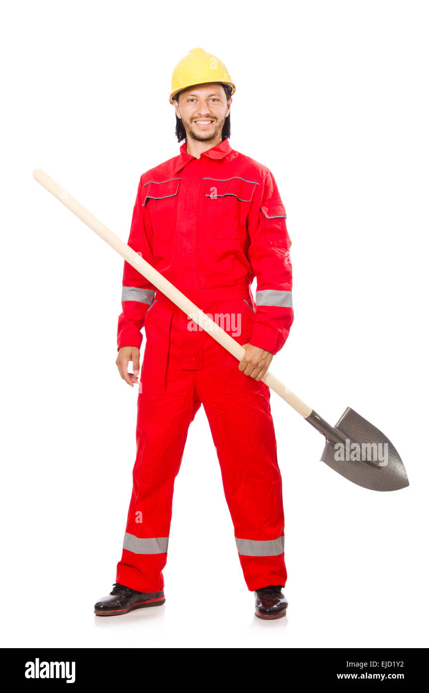 Man in red coveralls with spade Stock Photo - Alamy