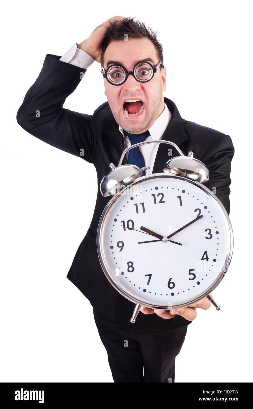 Man with alarm clock isolated on white Stock Photo - Alamy