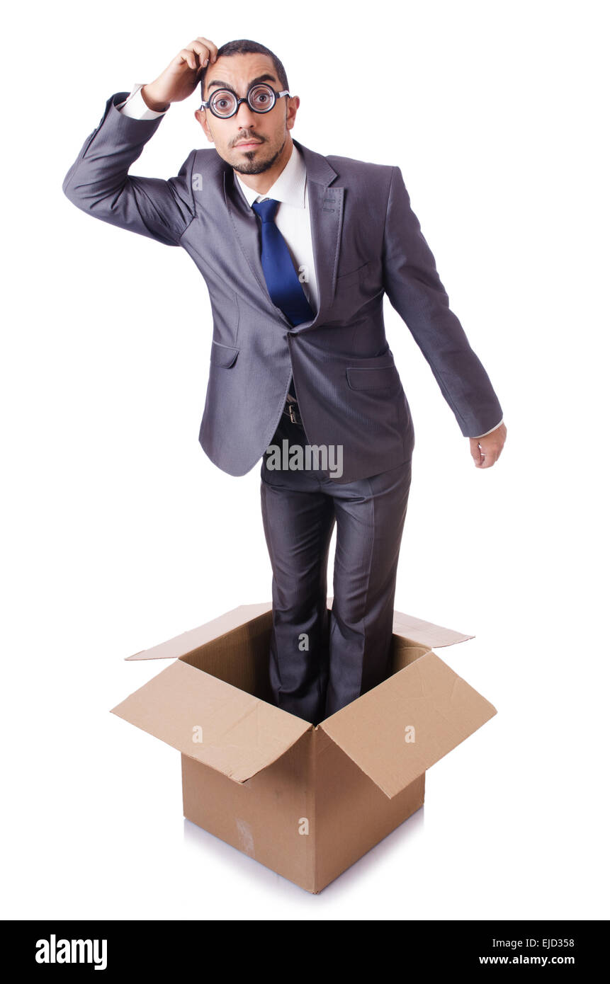 Man in thinking outside the box concept Stock Photo - Alamy
