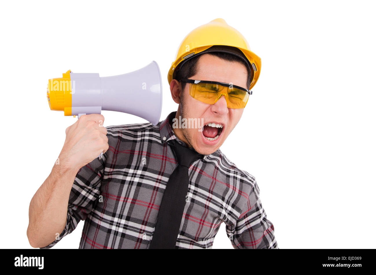 Construction supervisor shouting at megaphone Stock Photo - Alamy