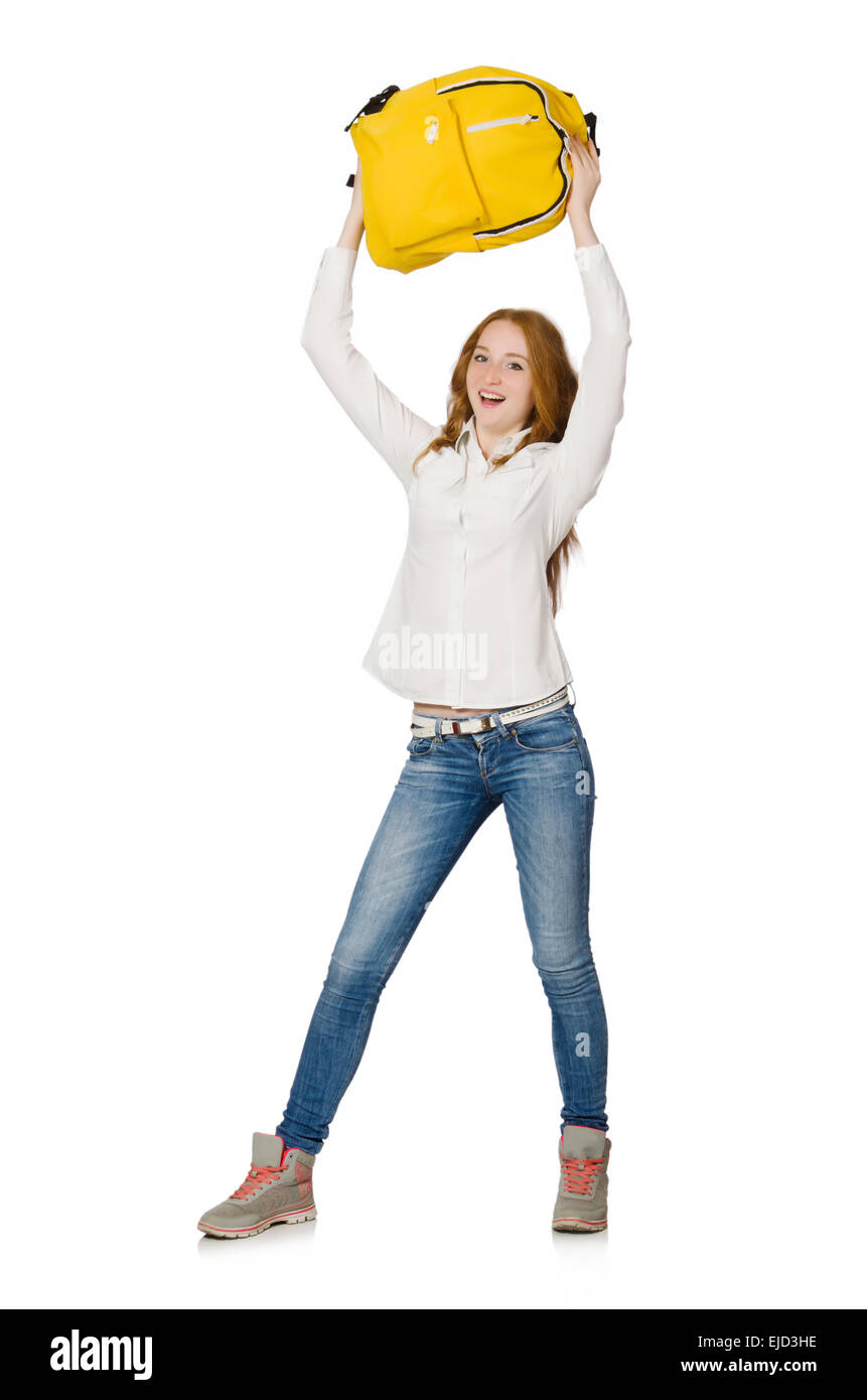 Woman with backpack isolated on white Stock Photo - Alamy