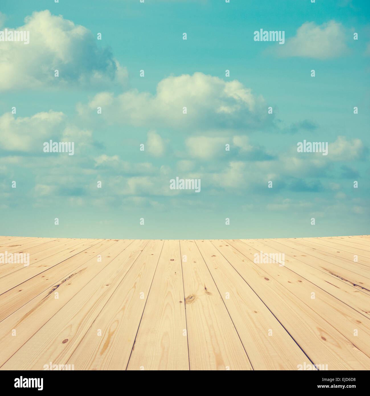 Mid air high sky view from wooden platform, sunrise with blue sky white ...