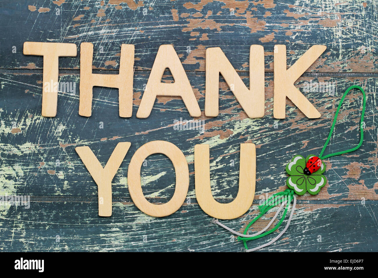 Thank you written with wooden letters and four-leaf clover on rustic ...
