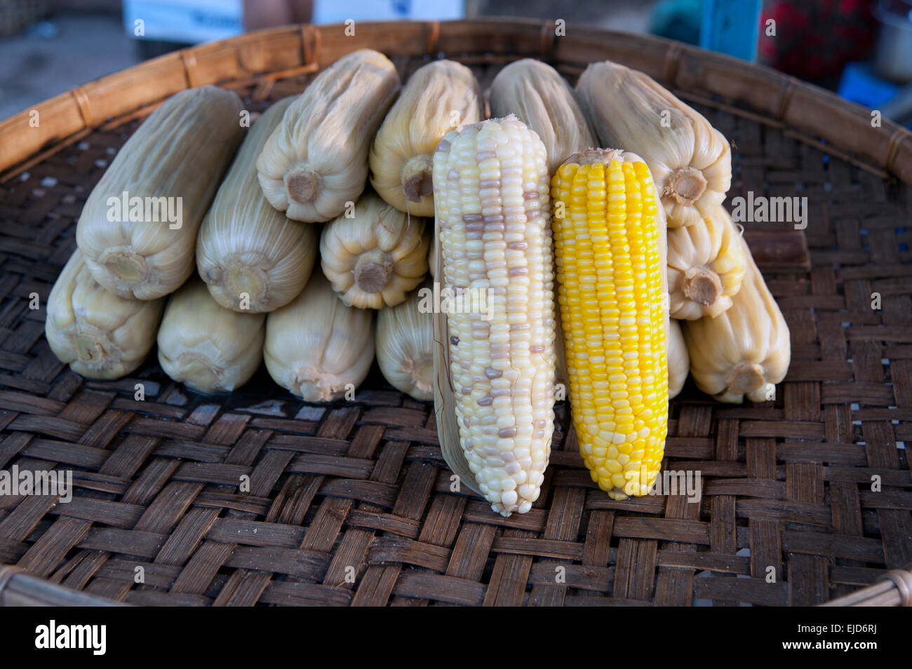 Steamed corn on the cob displayed on a Yangon Street stall Myanmar ...