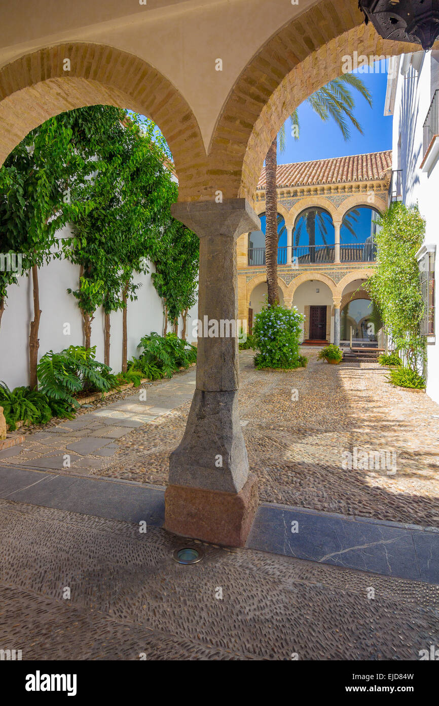 typical Andalusian courtyard decorated with flowers arches and columns ...