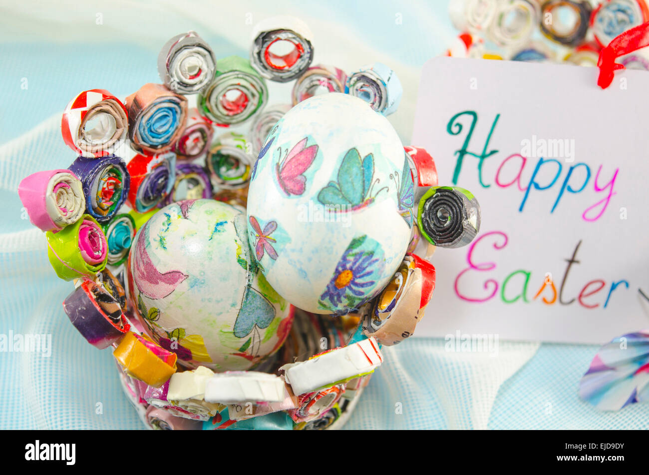 Handmade decoupage Easter eggs on a handmade paper plate with a Happy ...