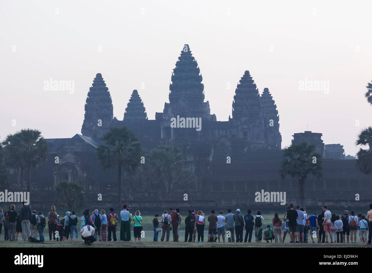 Cambodia, Siem Reap, Angkor Wat, Tourist Crowds at Sunrise Stock Photo ...