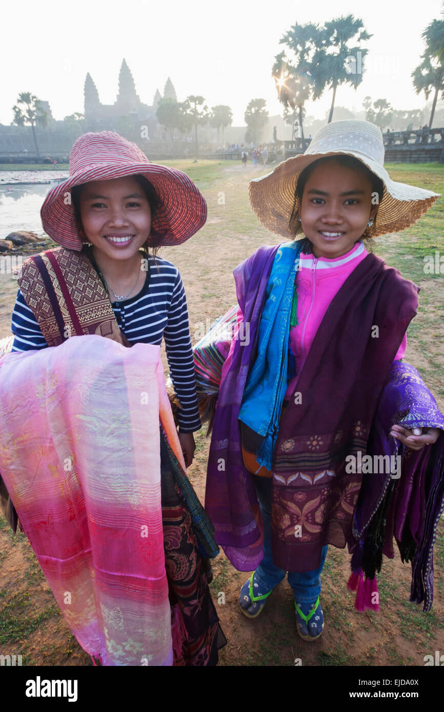 Cambodia, Siem Reap, Angkor Wat, Girls Selling Silk Scarves Stock Photo ...