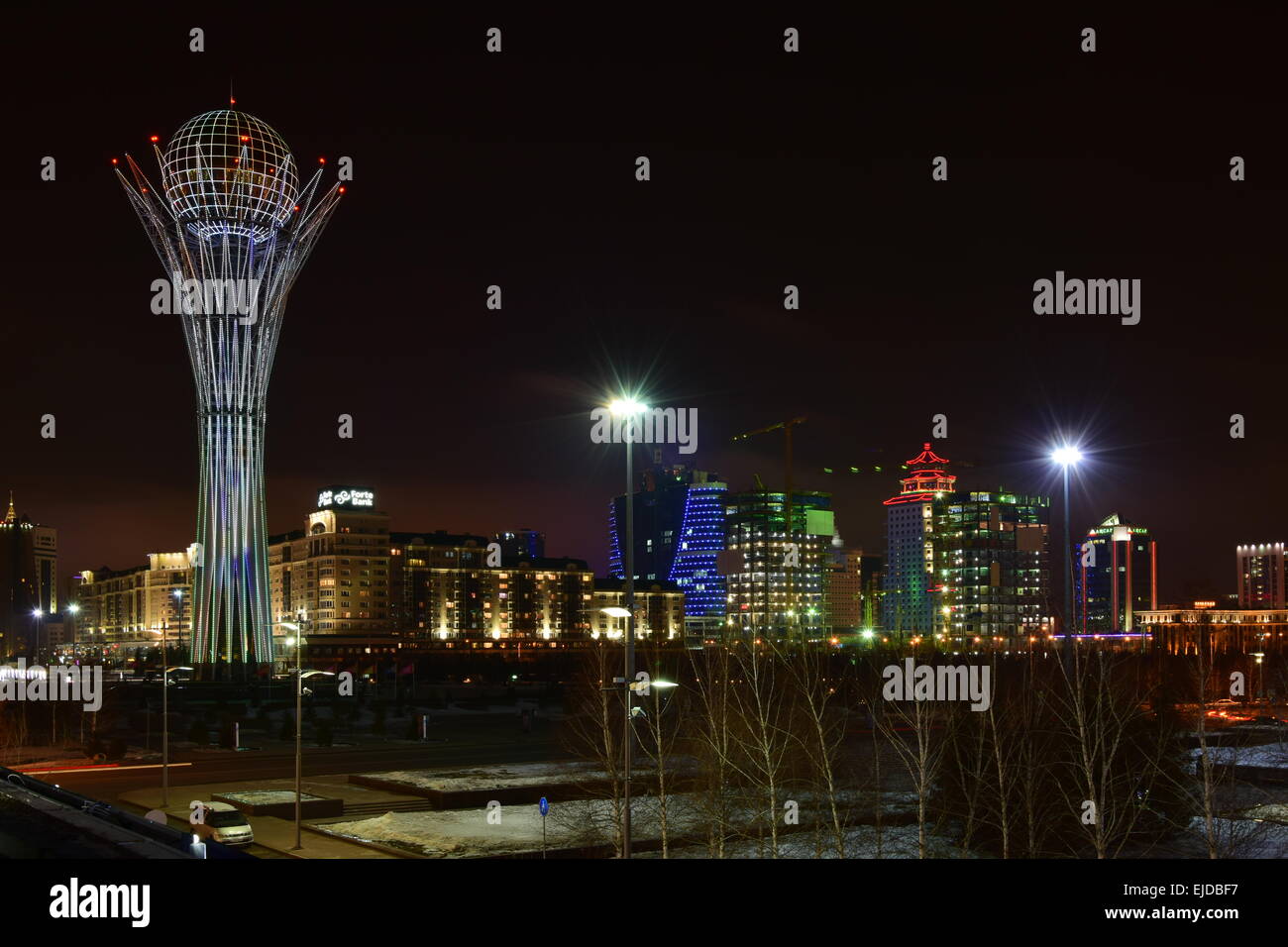 The BAITEREK tower in Astana, Kazakhstan, illuminated at night Stock ...