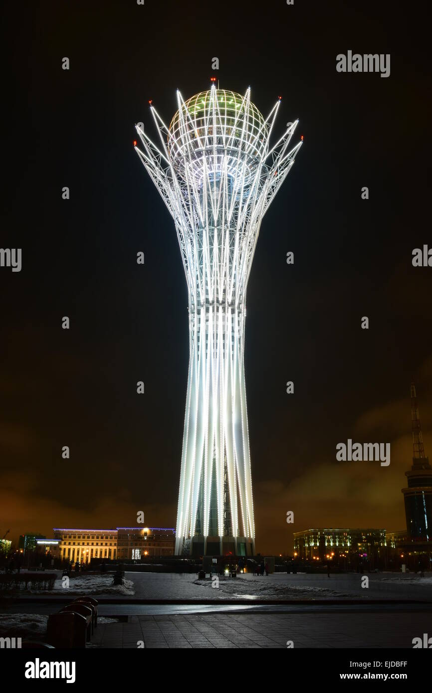 The BAITEREK tower in Astana, Kazakhstan, illuminated at night Stock ...
