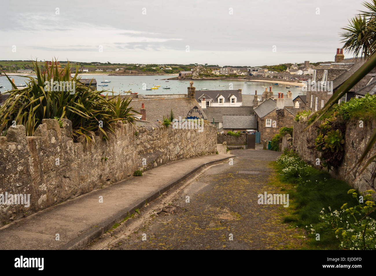 View from street over Hugh Town on St Mary's in the Scilly Isles, UK ...