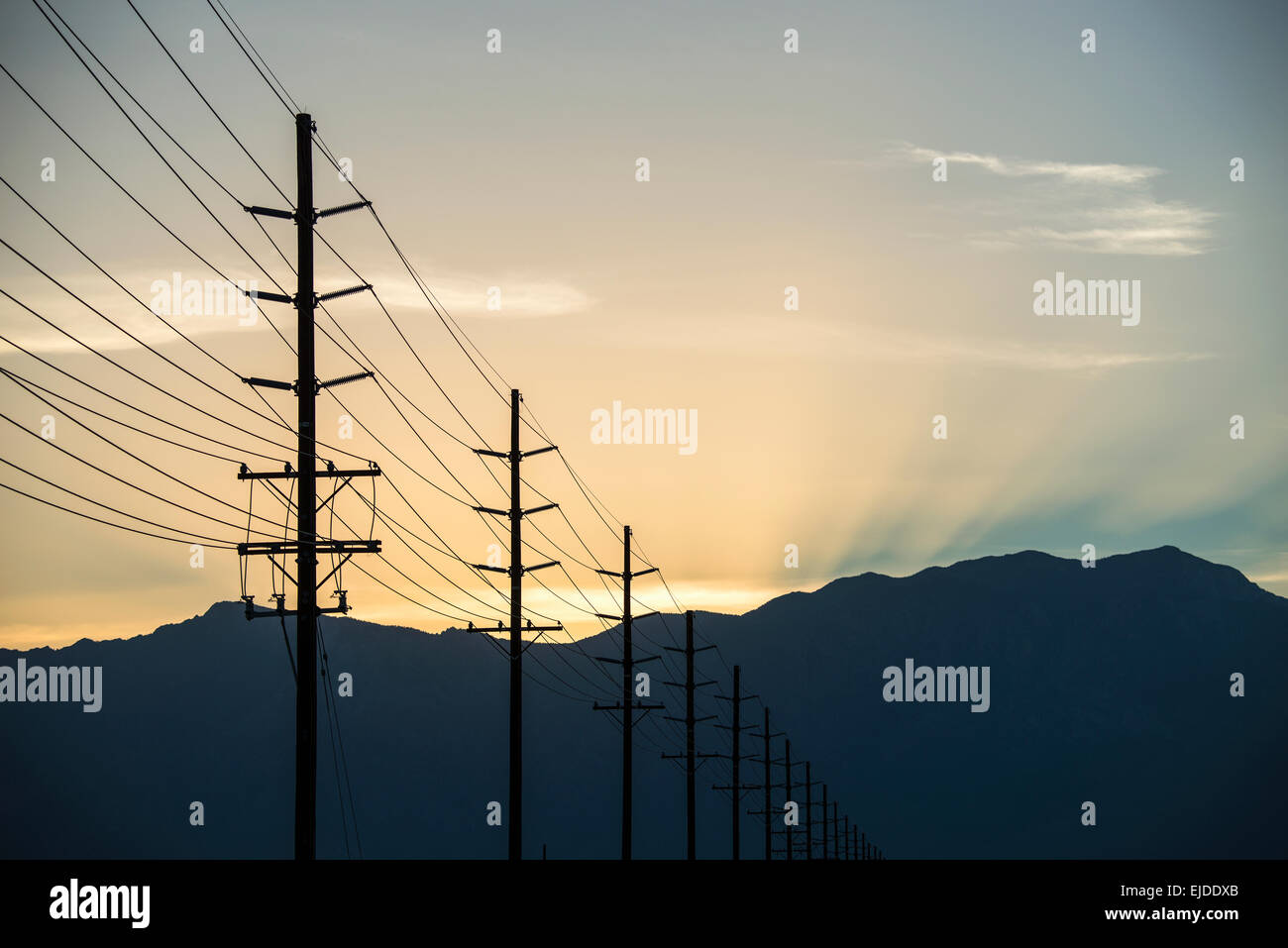 A row of poles and communication or power lines at sunset Stock Photo ...