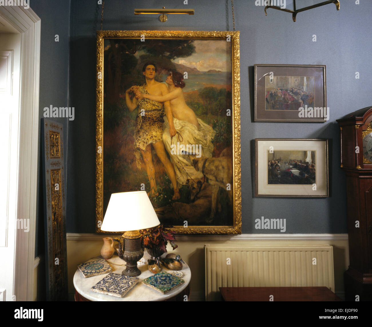 Large pre-Raphaelite style painting on wall of blue eighties dining ...