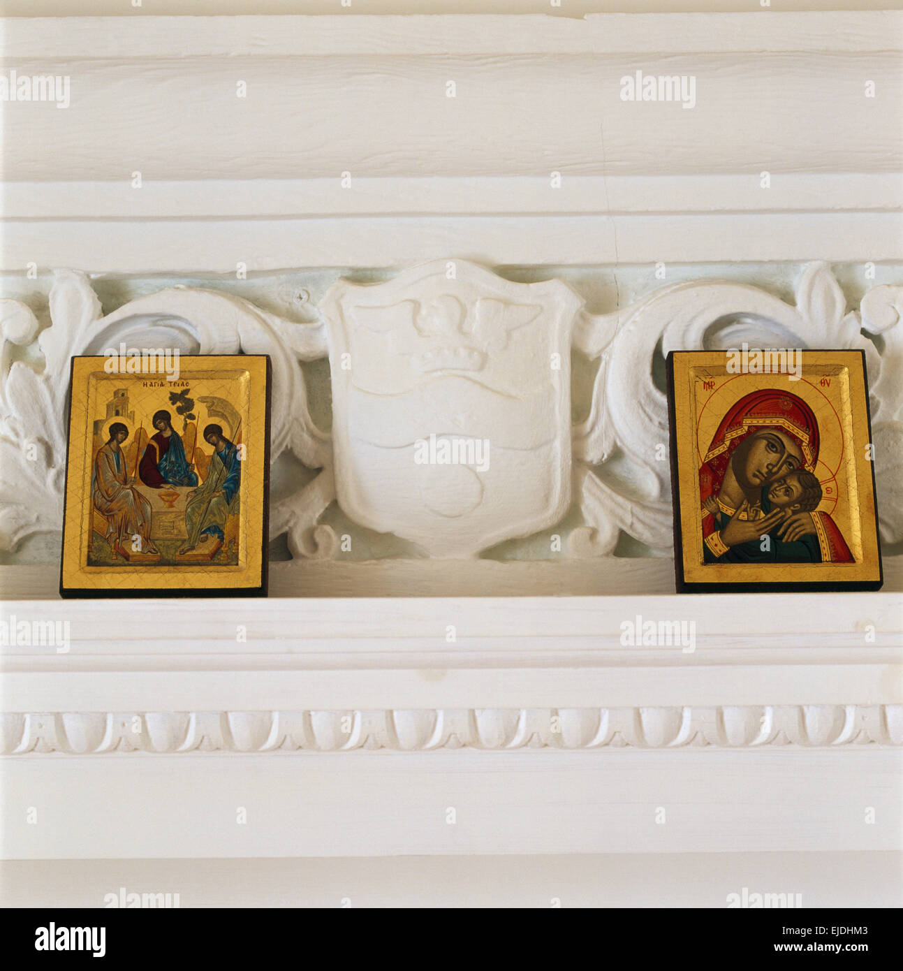 Close-up of medieval religious icons on an ornate cornice Stock Photo ...