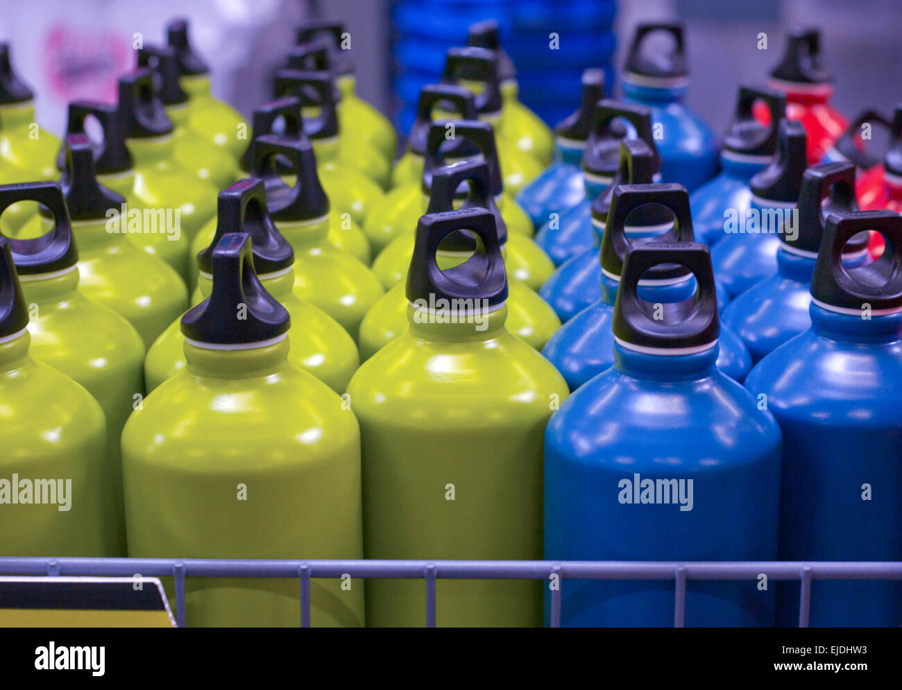 Box full of aluminum metallic water bottles in the market ready to sell ...