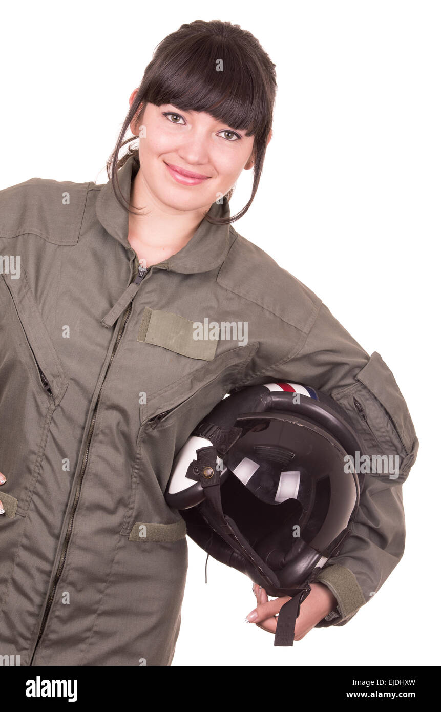 beautiful young female pilot holding helmet Stock Photo - Alamy