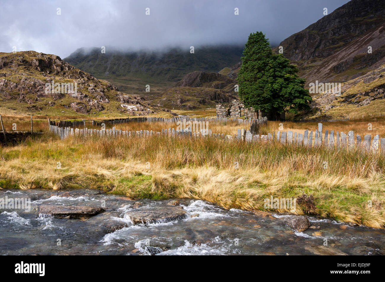 Mountain stream beside the Watkin path at Plascwmllan in Snowdonia ...