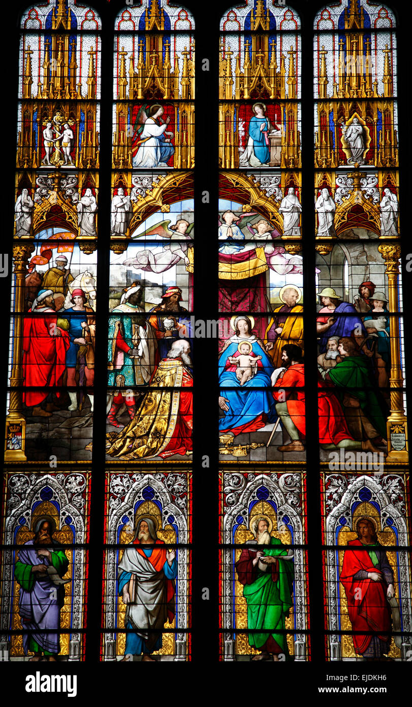Cologne, cathedral, church window in the Dom, Northrhine Westphalia ...
