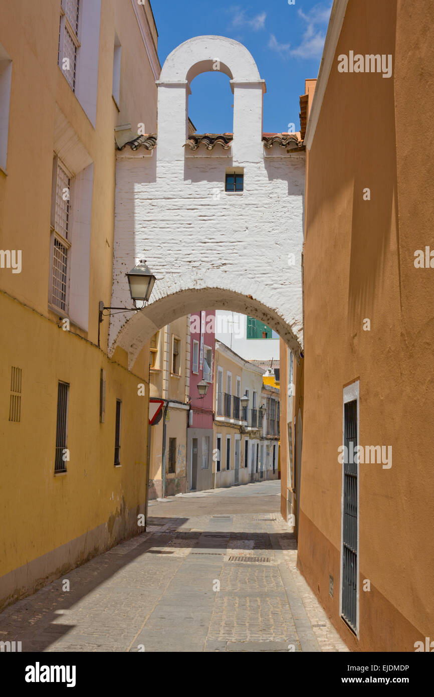 Badajoz downtown old village in white whitewashed typical arch, Spain ...