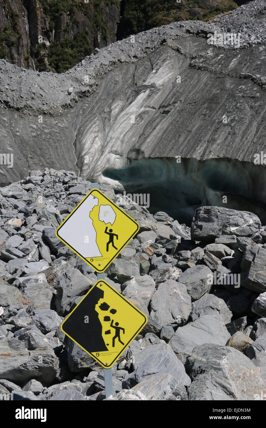 signs warning Tourists of ice and rock falling danger at Franz Josef ...