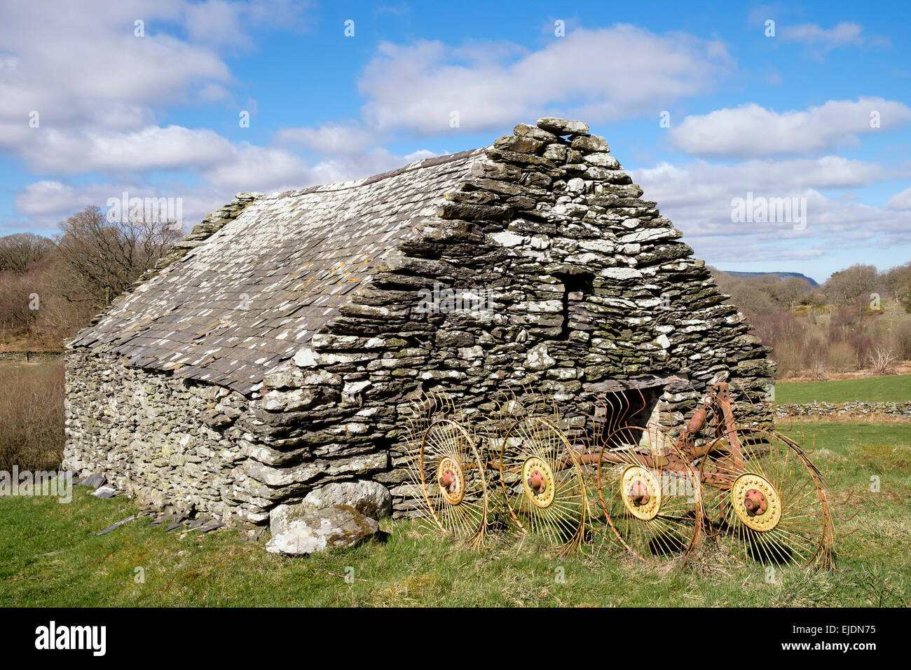 Old agricultural implement hay rake outside a stone barn in countryside ...