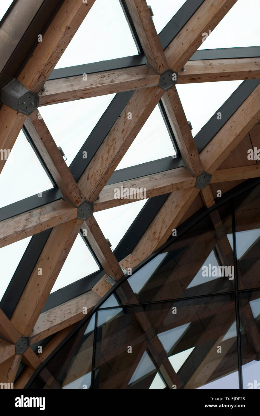 Image showing the contrast of wood and glass structure in the roof line ...