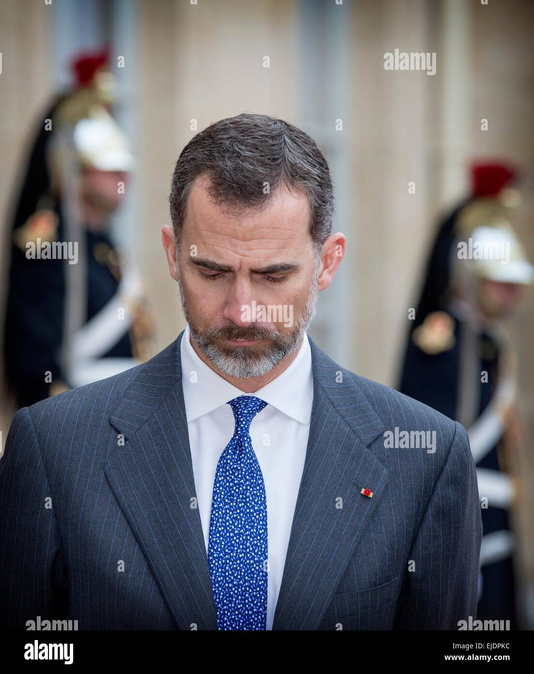 Paris, France. 24th Mar, 2015. Spain's King Felipe attends a statement ...