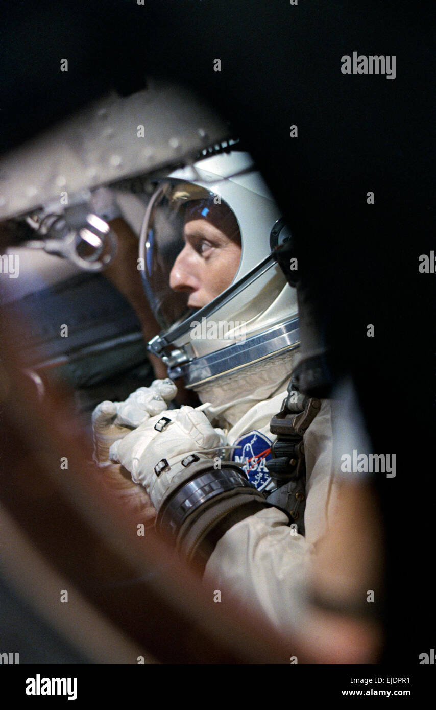 Gemini V. View of Astronaut Charles Conrad Jr. through the window as he ...