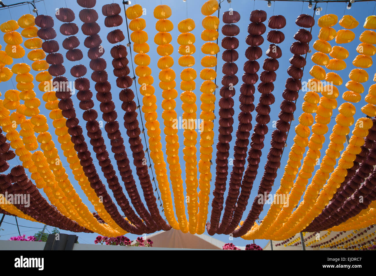 Blue Sky full of colorful paper Lanterns, Cordoba fair, Spain Stock ...