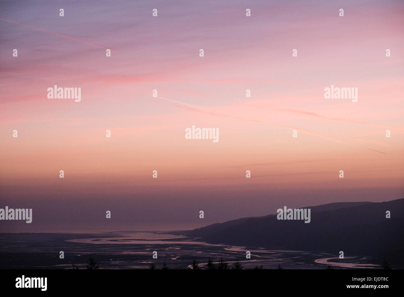 River Dyfi Estuary and Aberdyfi/Aberdovey village at mouth at sunset ...