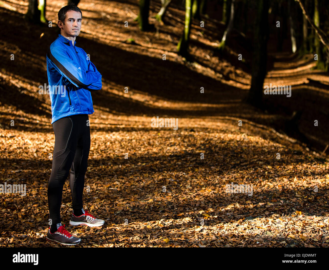 A young man trail running through a gold colour tree forest Stock Photo ...