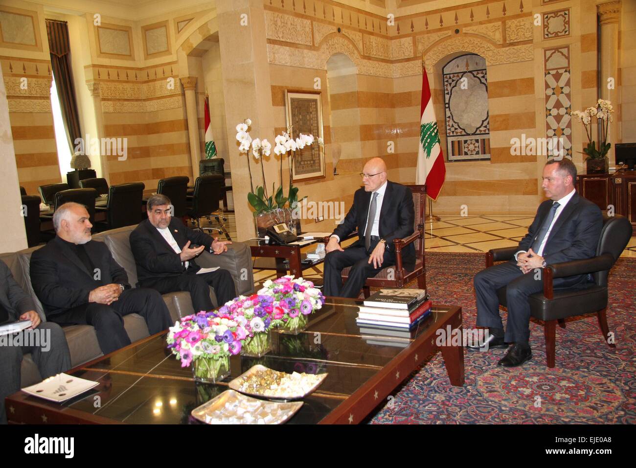 Beirut, Lebanon. 24th Mar, 2015. Visiting Iranian Culture Minister Ali Janati (2nd L) talks with ...