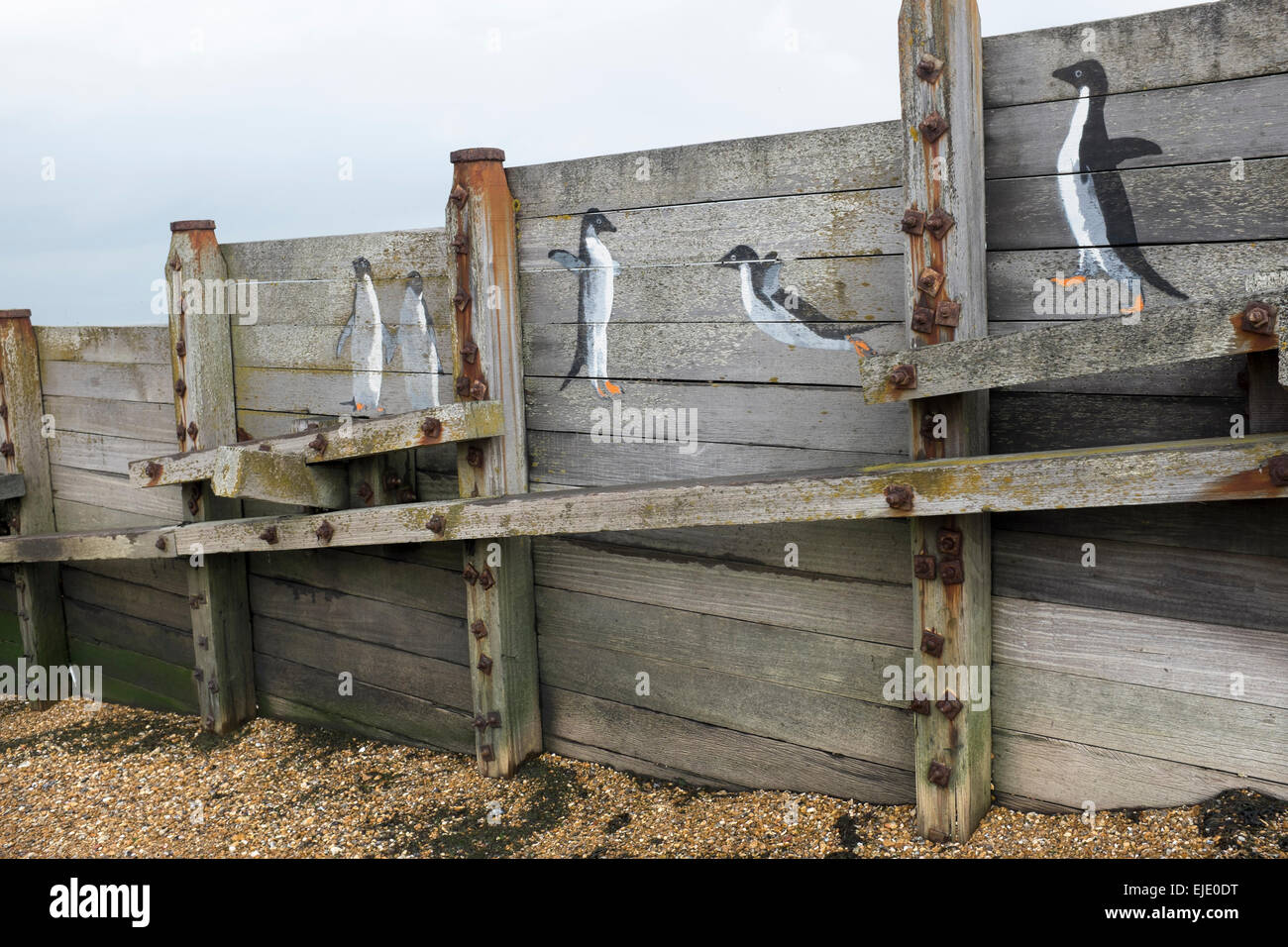 Penguin Murals on Beach Groins at Whitstable in Kent Stock Photo - Alamy